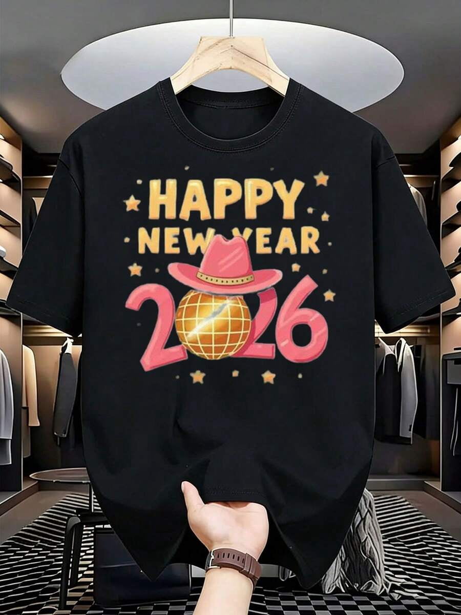 Black Happy New Year Printed Mens Cotton Short-Sleeve T-Shirt With ...