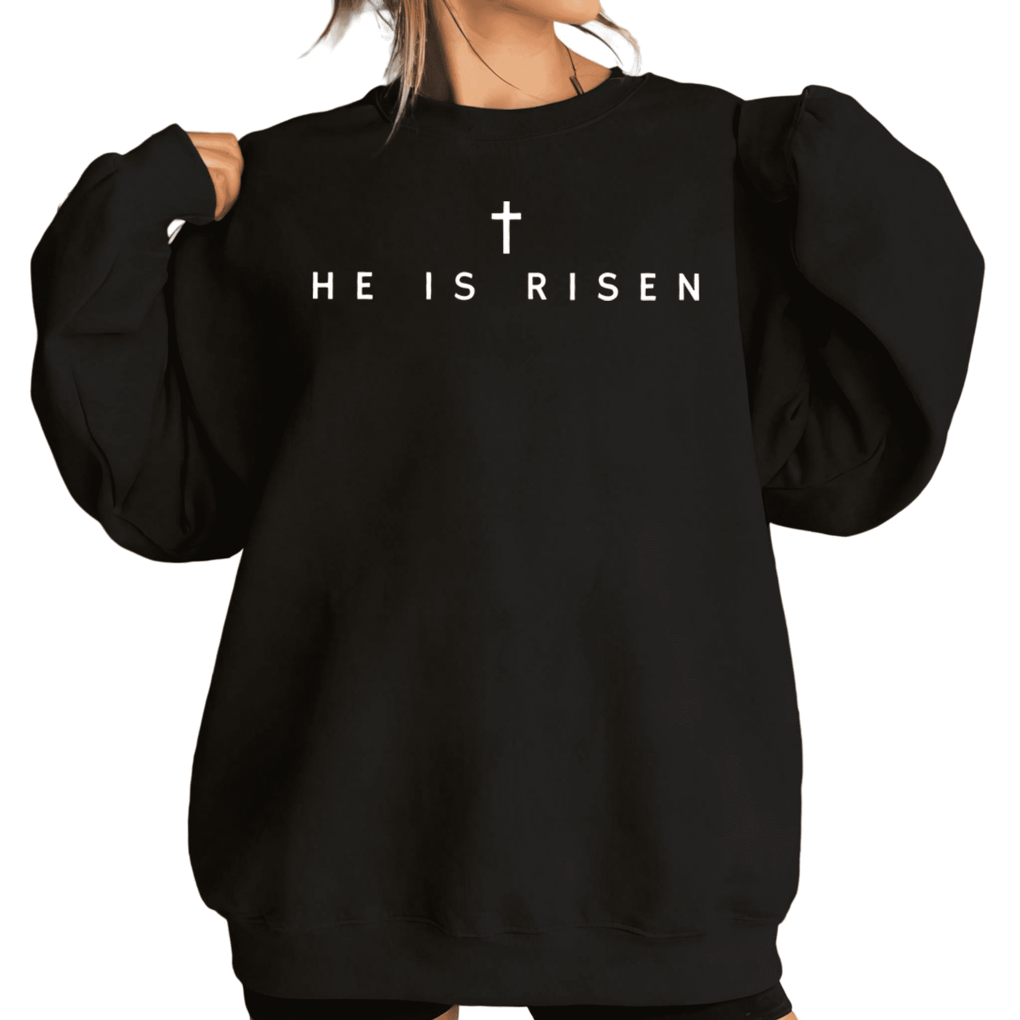 Black He Is Risen Cross Print Crewneck Sweatshirt Minimalist Christian ...