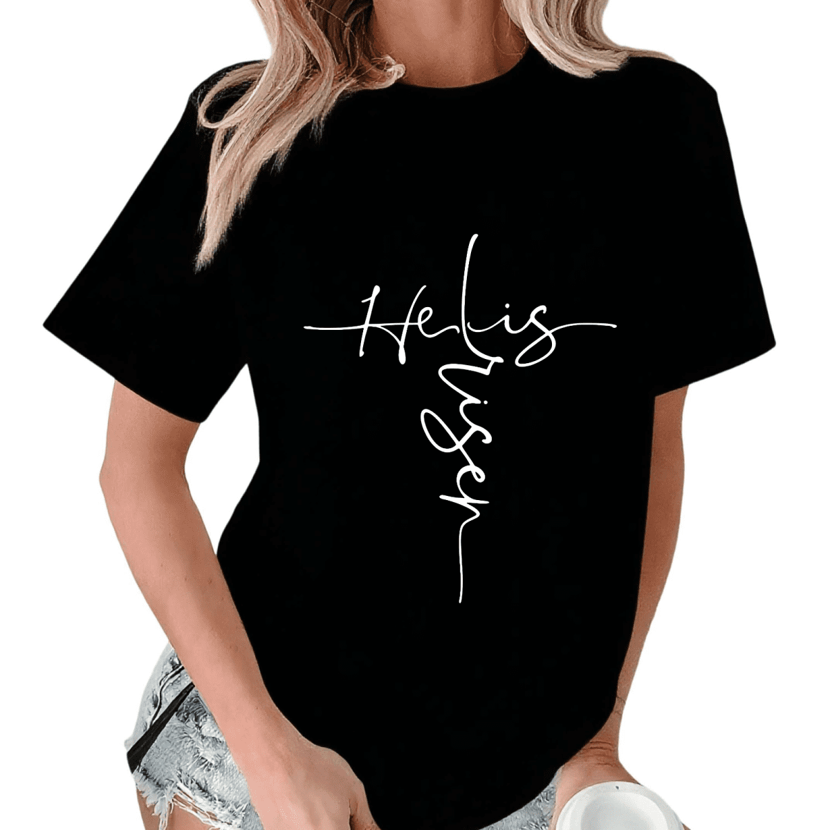Black He Is Risen Cross Script Print T-Shirt Graphic Tees Shirts ...