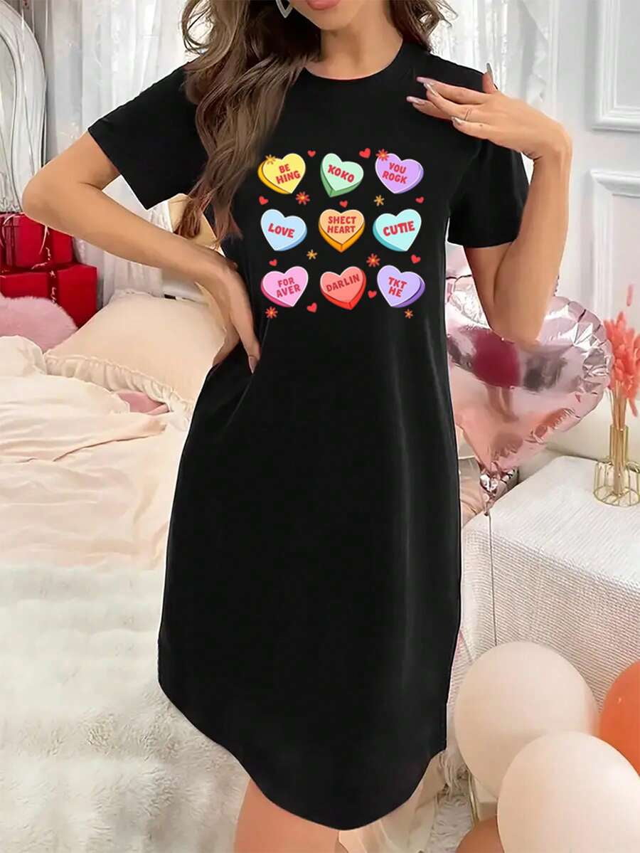 Black Heart Candy Print Sleep Dress For Women, Crew Neck, Knee Length ...