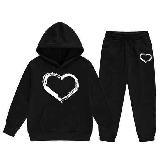 Black Heart Pattern Kids' Hoodie and Pants Set, Warm Long-Sleeved ...