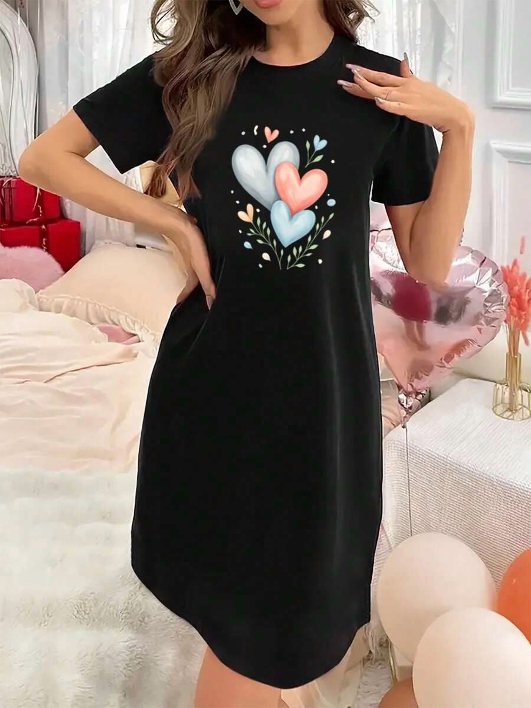 Black Heart Print Sleep Dress For Women, Crew Neck, Relaxed Fit ...