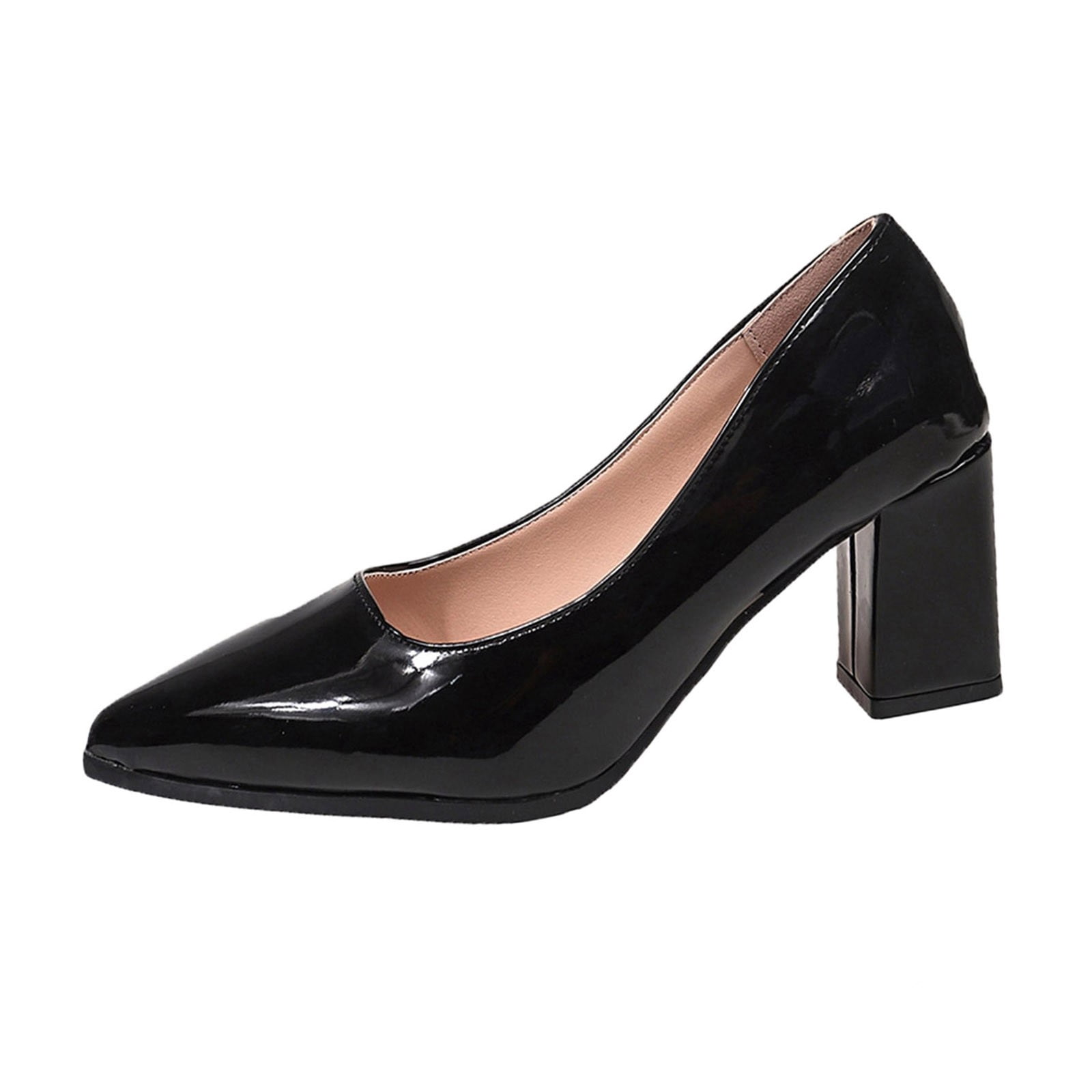Black Heels Pumps For Women Casual Pointed Toe Low Cut Chunky Heel ...