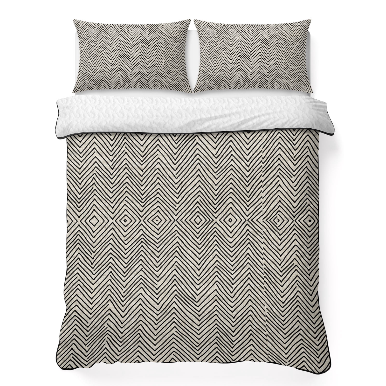 Black Herringbone Retro Linen 3 Pieces Quilt Set,1 Quilt with 2 Shams ...