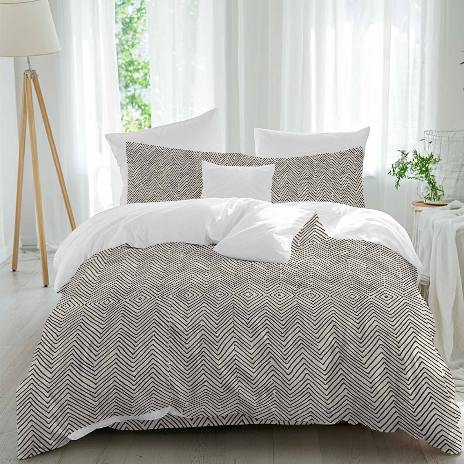 Black Herringbone Retro Linen Queen Size Bed Set,Abstract Geometric ...