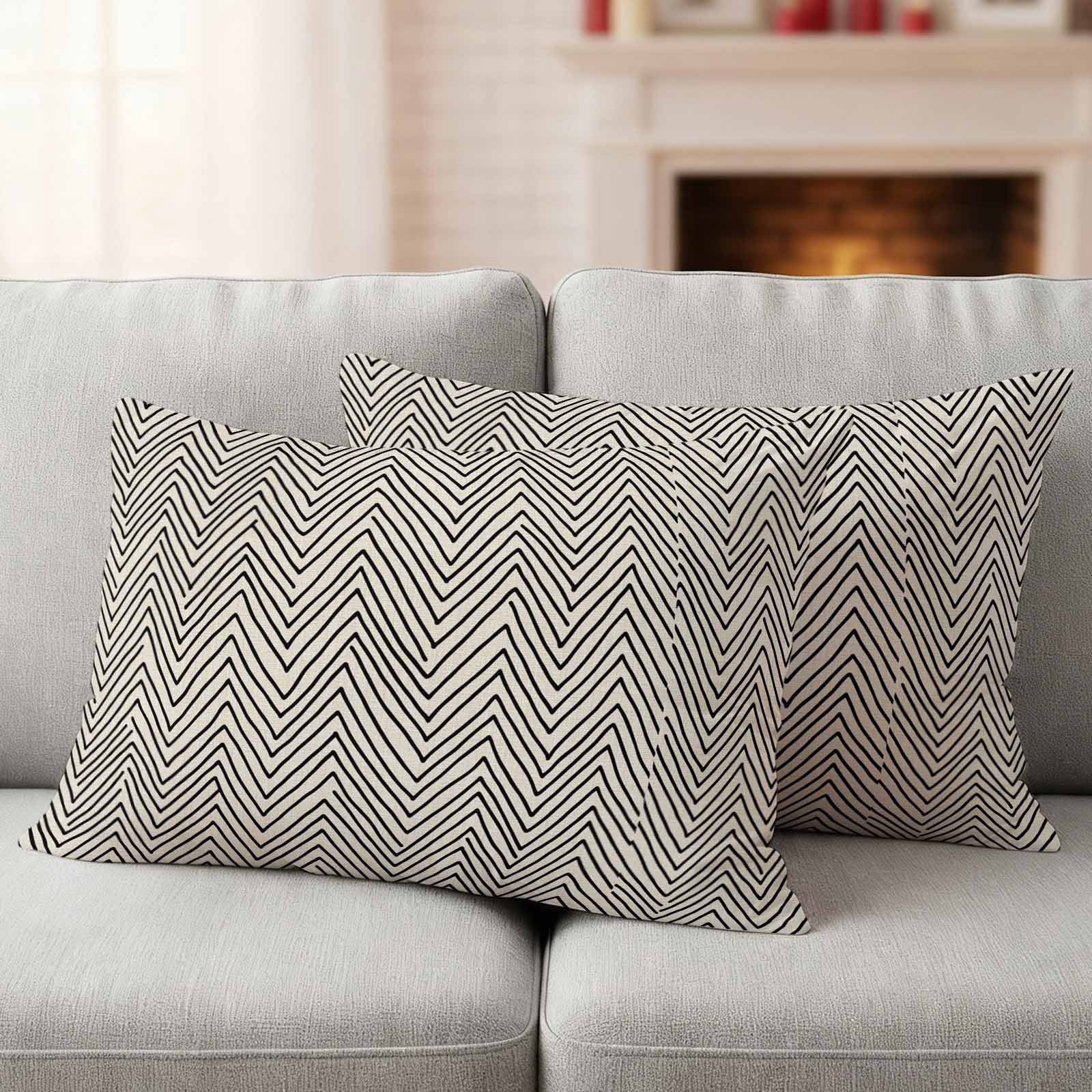 Black Herringbone Retro Linen Waterproof Throw Pillow Covers Set of 2 ...
