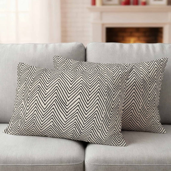 Black Herringbone Retro Linen Waterproof Throw Pillow Covers Set of 2 ...