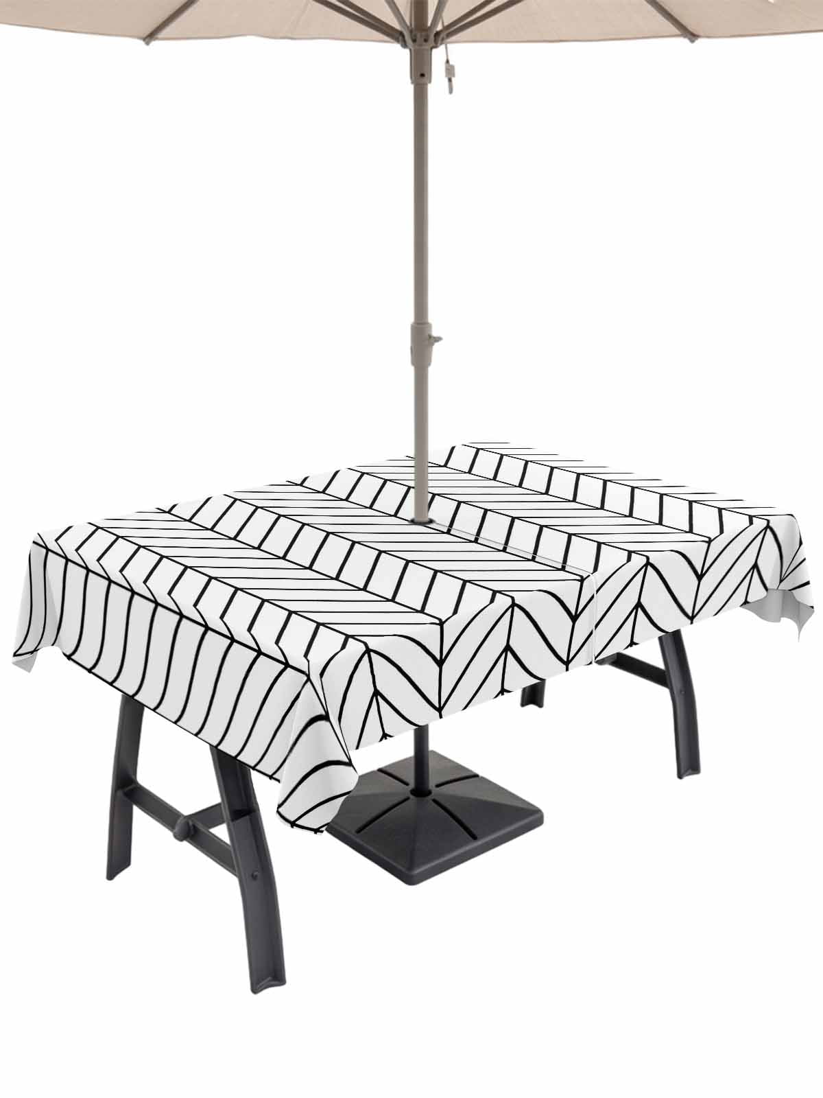 Black Herringbone Stripes Rectangle Outdoor Tablecloth with Umbrella ...