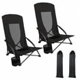 Black High-Back Folding Beach Chair With Mesh Back, Padded Armrests ...