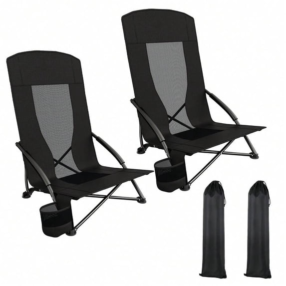 Black High-Back Folding Beach Chair With Mesh Back, Padded Armrests ...