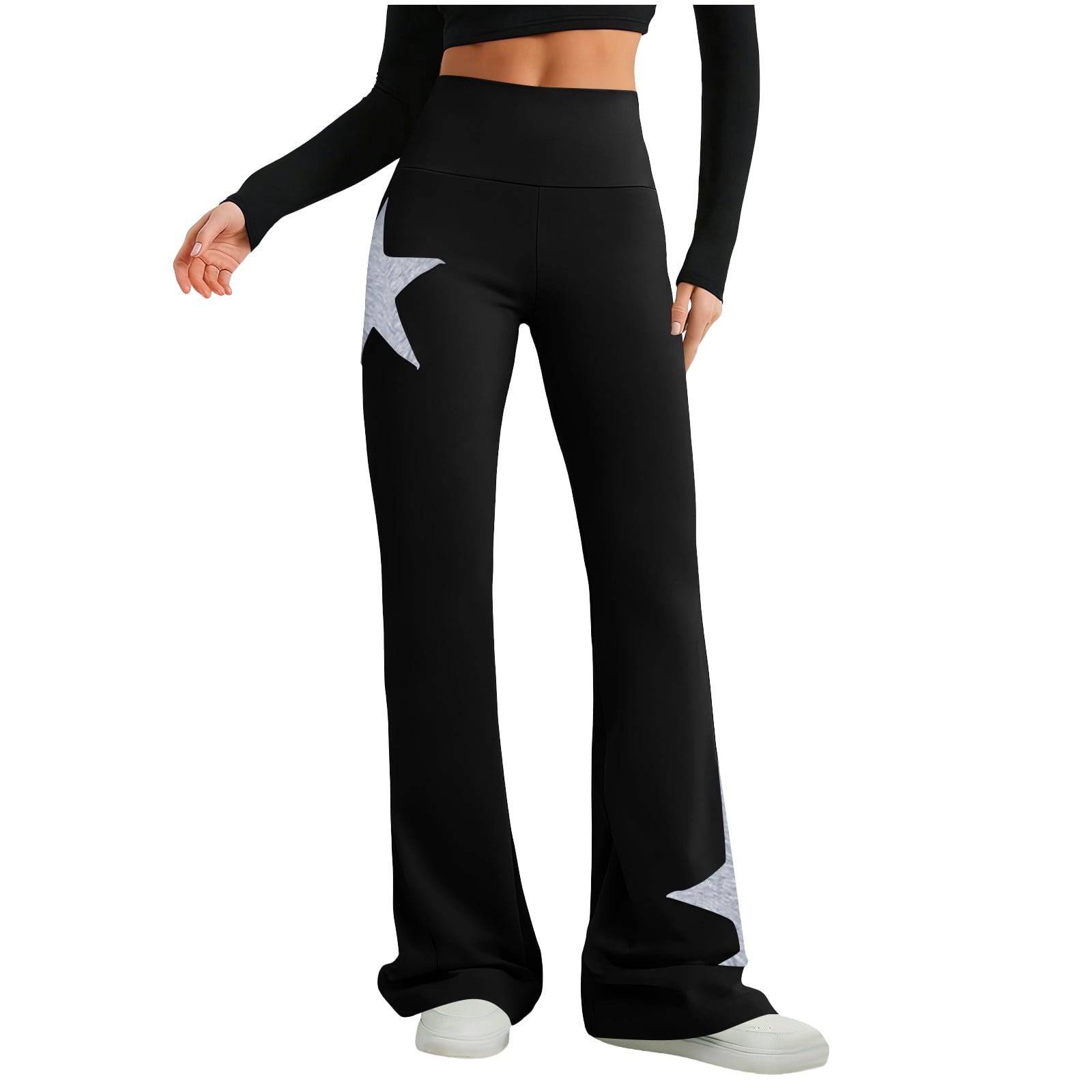 Black High Cut Flare Wide Leg Long Bootcut Leg Sport Gym Yoga Stretchy ...