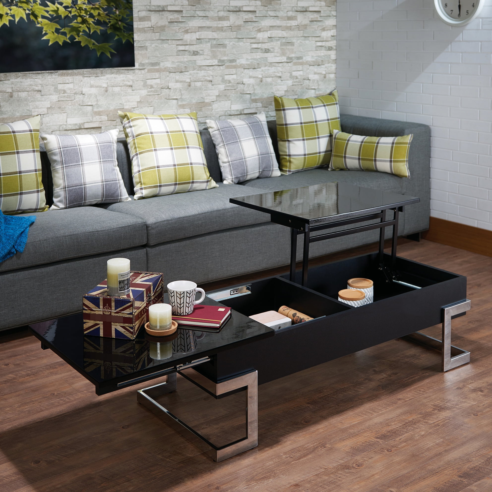 Black High Gloss & Coffee Table With Elevating Lid And Spacious Storage ...