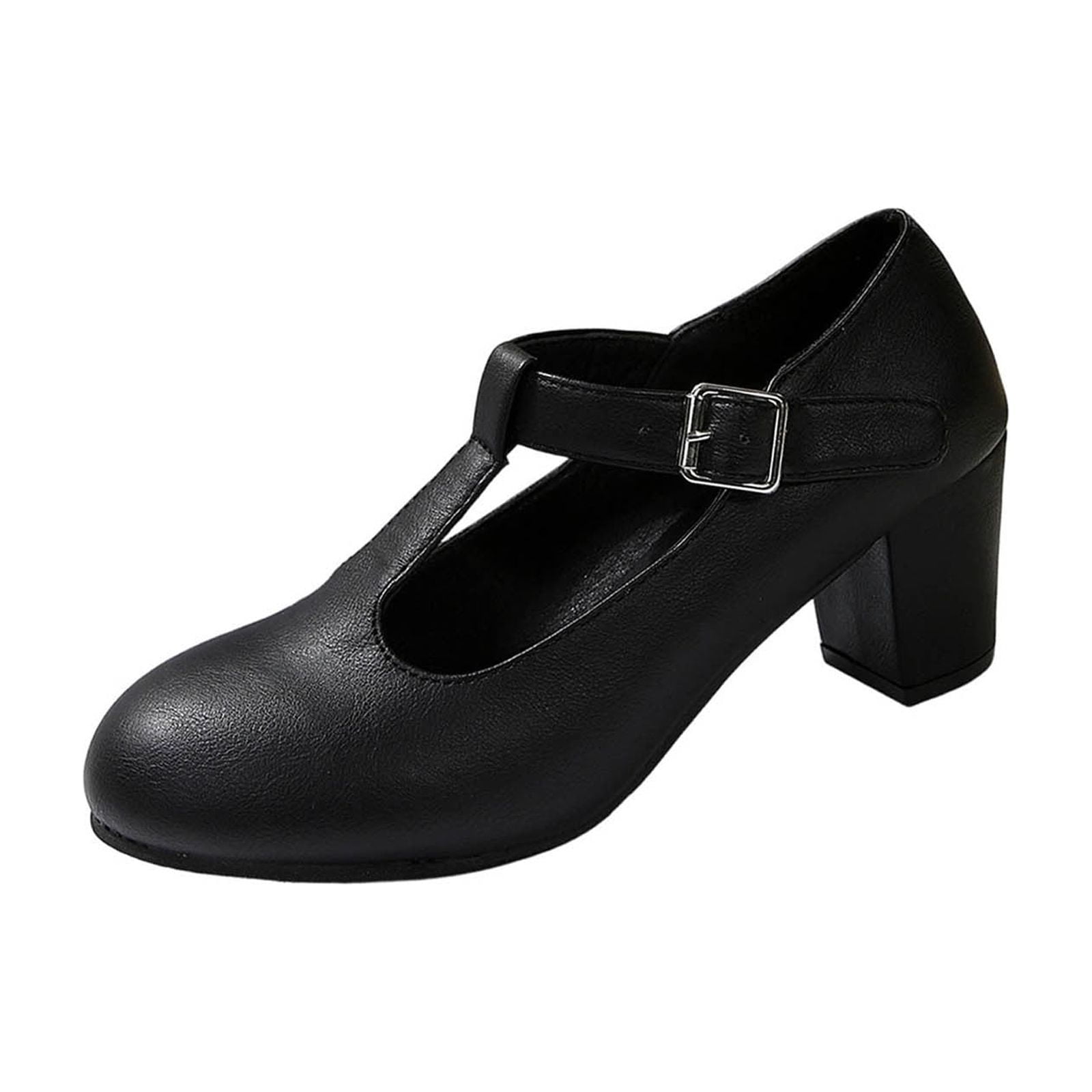 Black High Heel Shoes For Women T-Strap Mary Jane Low Heel Shoes ...