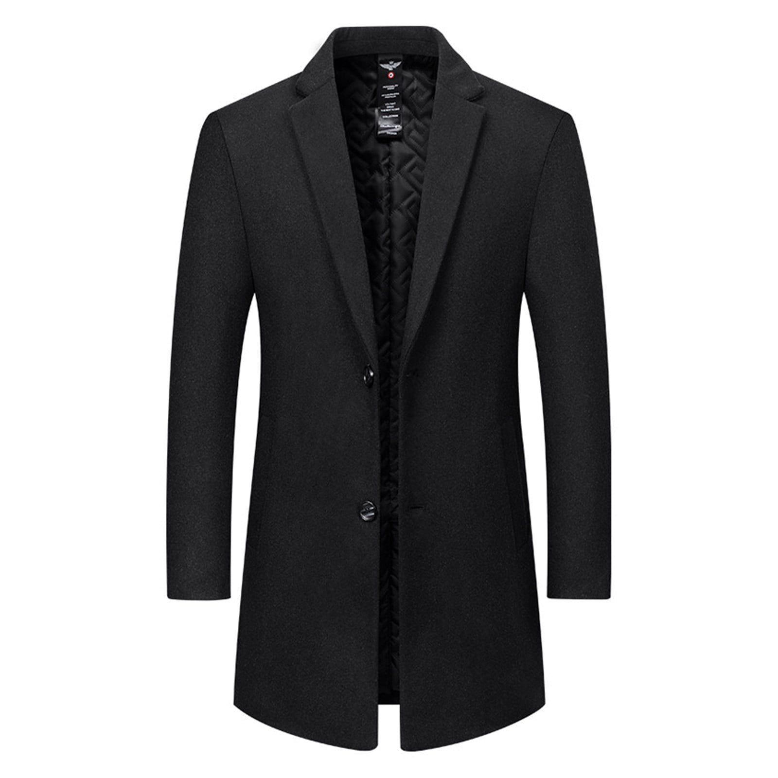 Black High Neck Fleece Lined Wool Blazer for Mens Winter Fall Long Work ...