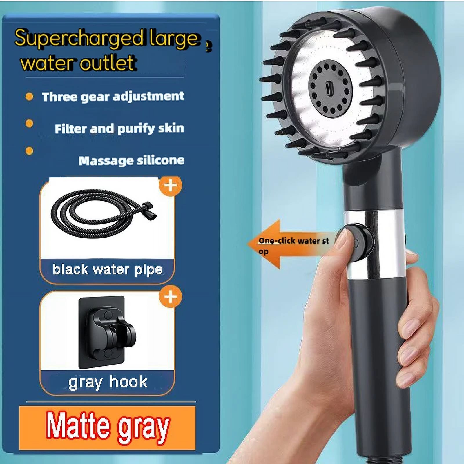 Black High Pressure Shower Head Rainfall 3 Modes Adjustable Boost ...
