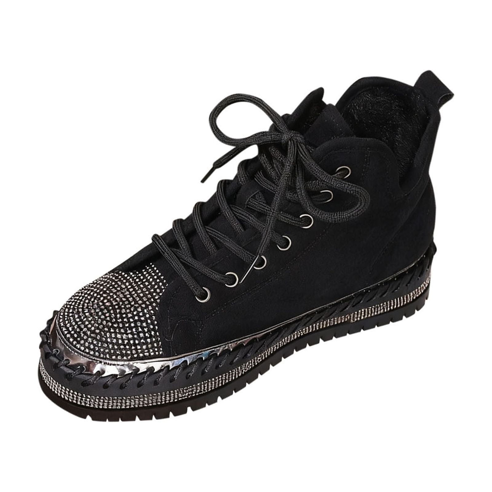 Black High Top Shoes For Womens Winter Warm Velvet Lined Flat Sole ...