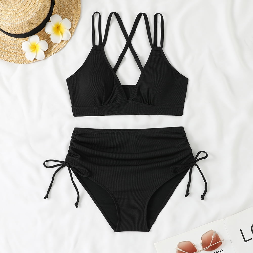 Black High Waist Bikini 2024 Brazilian Biquini Ribbed Swimsuit Women ...