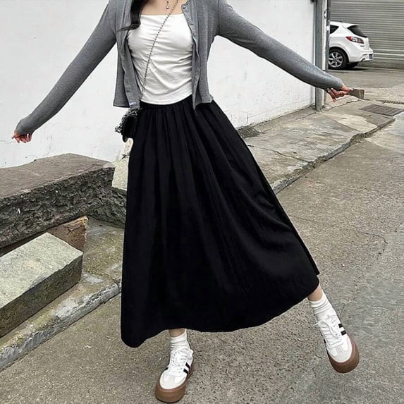 Black High-Waisted Pleated A-Line Midi Skirt Loose Flowing Solid Color ...