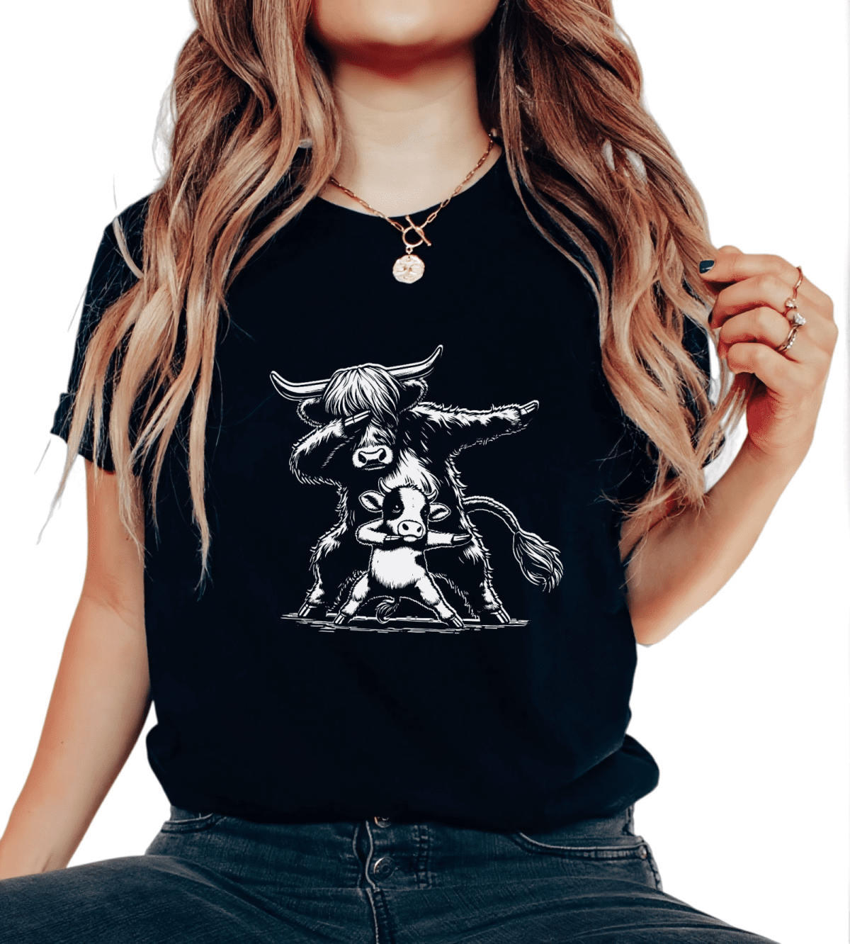 Black Highland Cow And Calf Dab Dance Graphic Tees Print Tshirt Casual ...