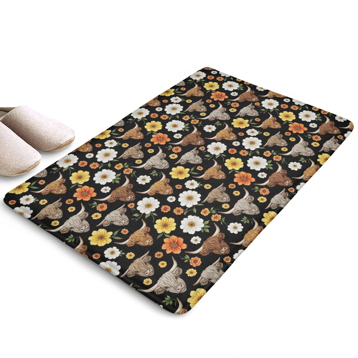Black Highland Cow Flower Flannel Non Slip Door Rugs,Washable Door Mats ...