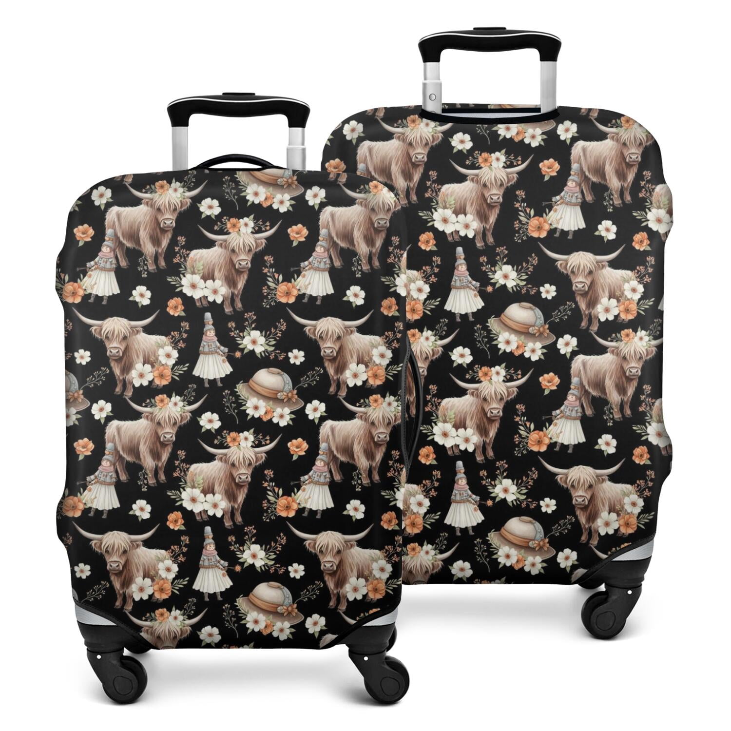 Black Highland Cow Flower Gnome Pattern Luggage Cover Fashion Suitcase ...