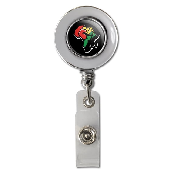 Black History Month African Fist Retractable Reel Chrome Badge ID Card ...