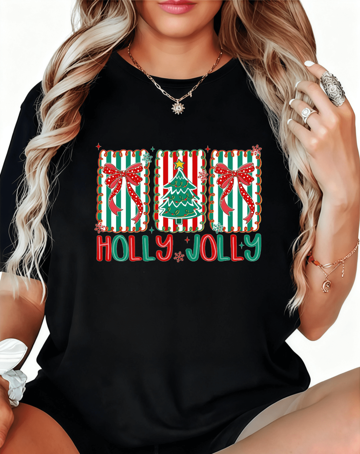 Black Holly Jolly Christmas Tree Print Tshirt Graphic Tees Shirts S-5XL ...