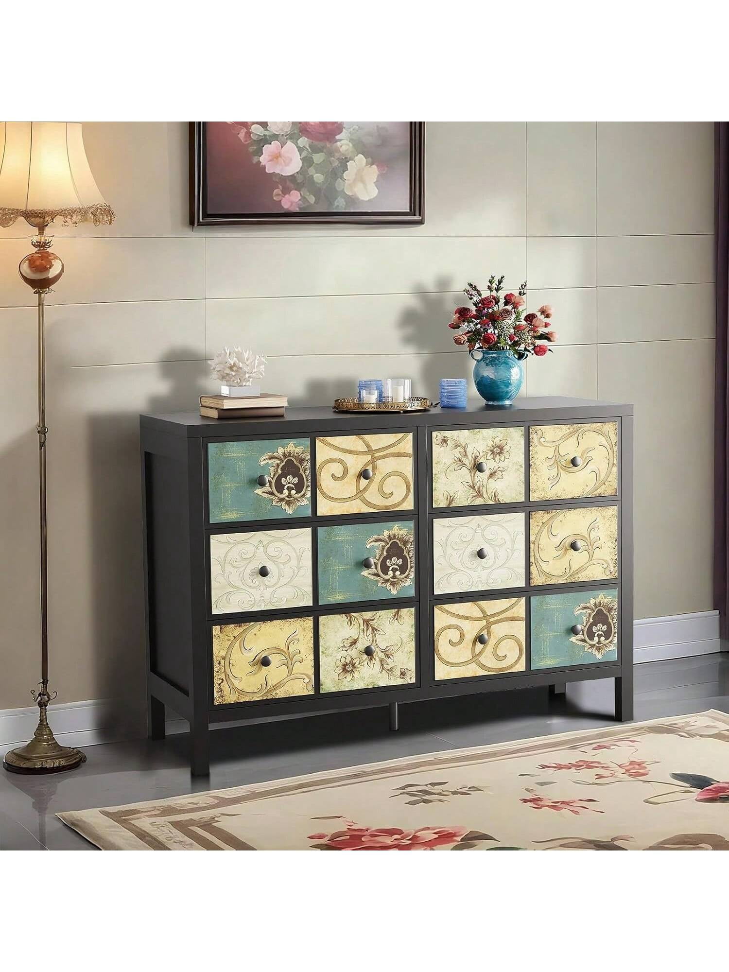 Black Home Floral Painted 6 Drawers Dresser For Bedroom Wood Rustic ...