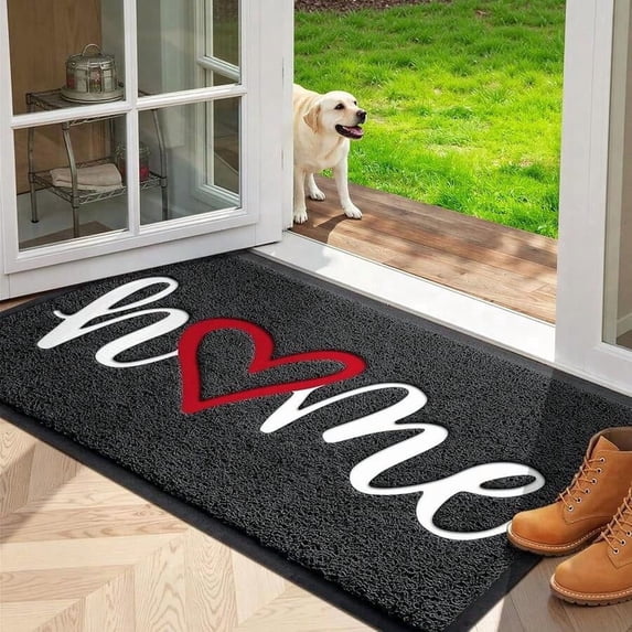 Black Home Welcome Door Mat With Red Heart Design, Heavy-Duty Non-Slip ...