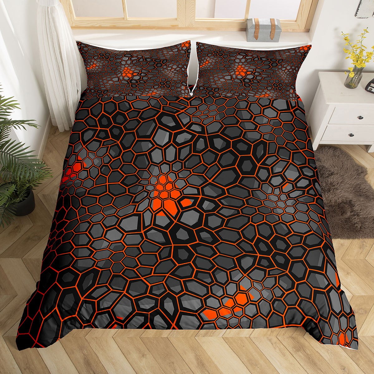 Black Honeycomb Duvet Cover Orange Camouflage Geometric Bedding Set ...