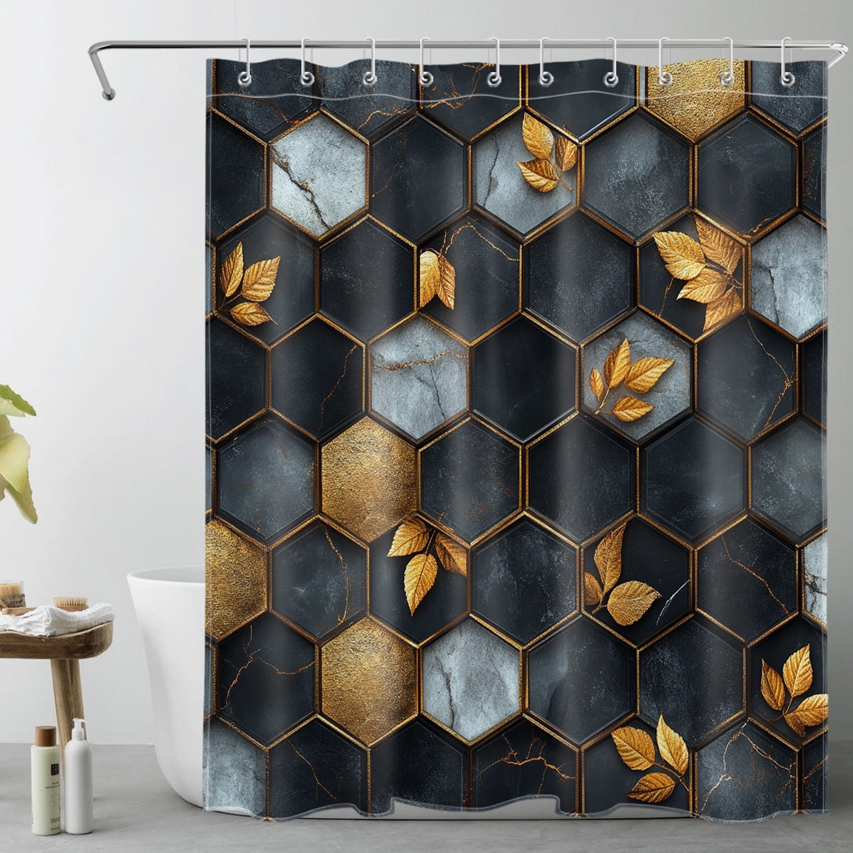 Black Honeycomb Shower Curtain for Bathroom Grey Gold Geometric Marble Hexagon Pattern Bathroom ...