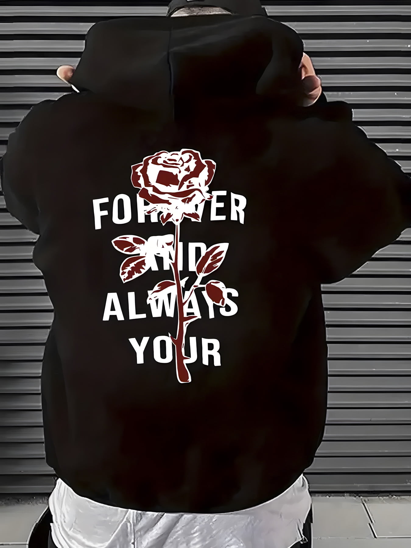 Black Hooded Sweatshirt with Rose Print & "Forever Yours" Back Design ...