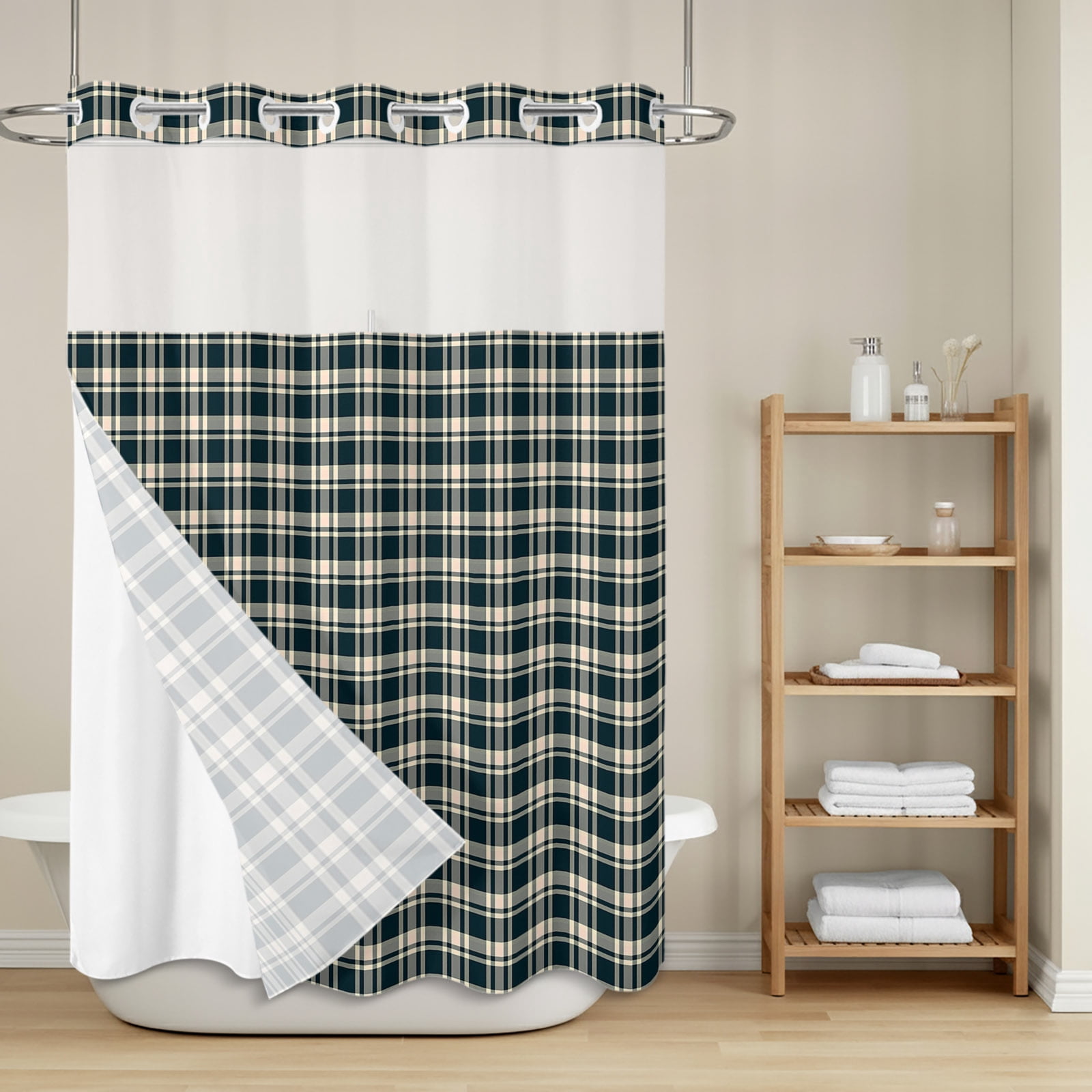 Black and No Hook Shower Curtain with Snap in Liner, Gray Plaid ...