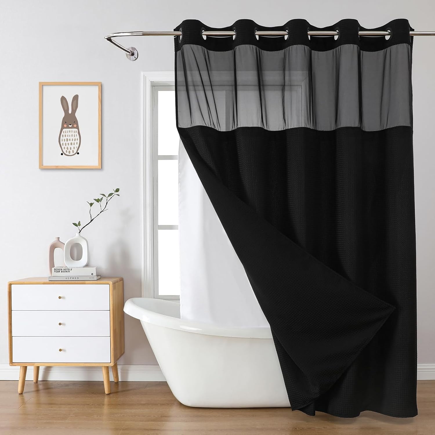 Black No Hook Waffle Weave Shower Curtain with snap-in Liner ...