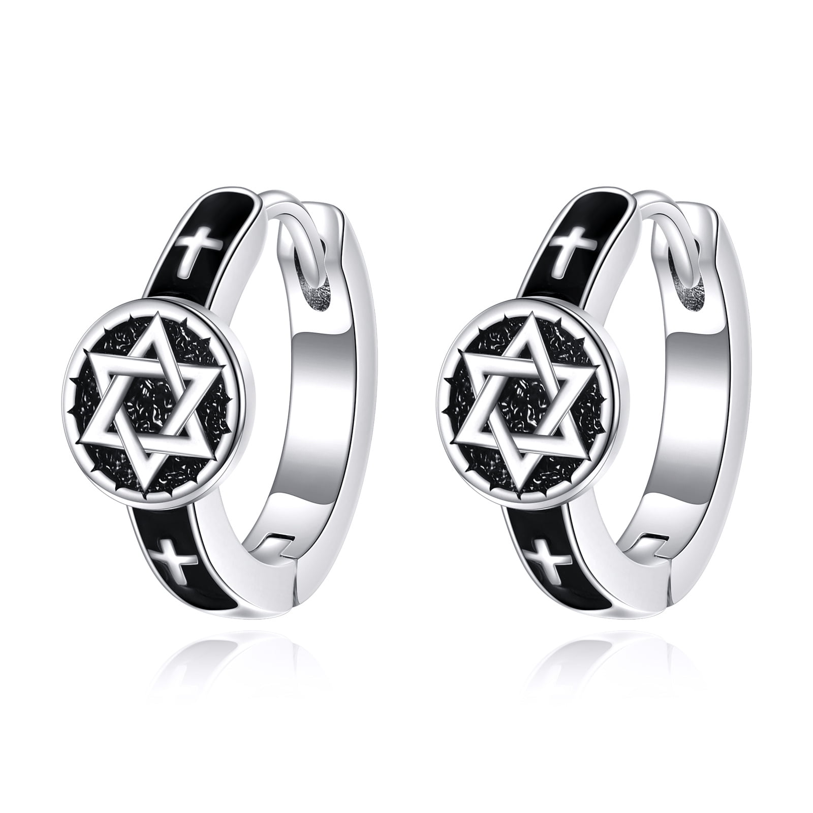 Black Hoops Earrings for Men Sterling Silver Star of David Hoop ...