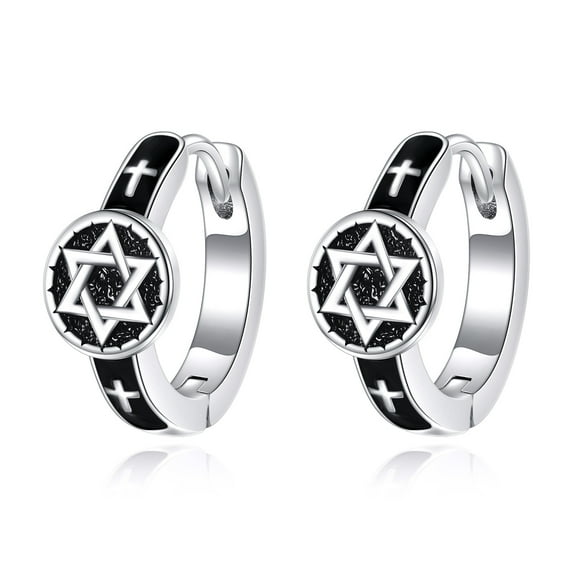 Black Hoops Earrings for Men Sterling Silver Star of David Hoop ...