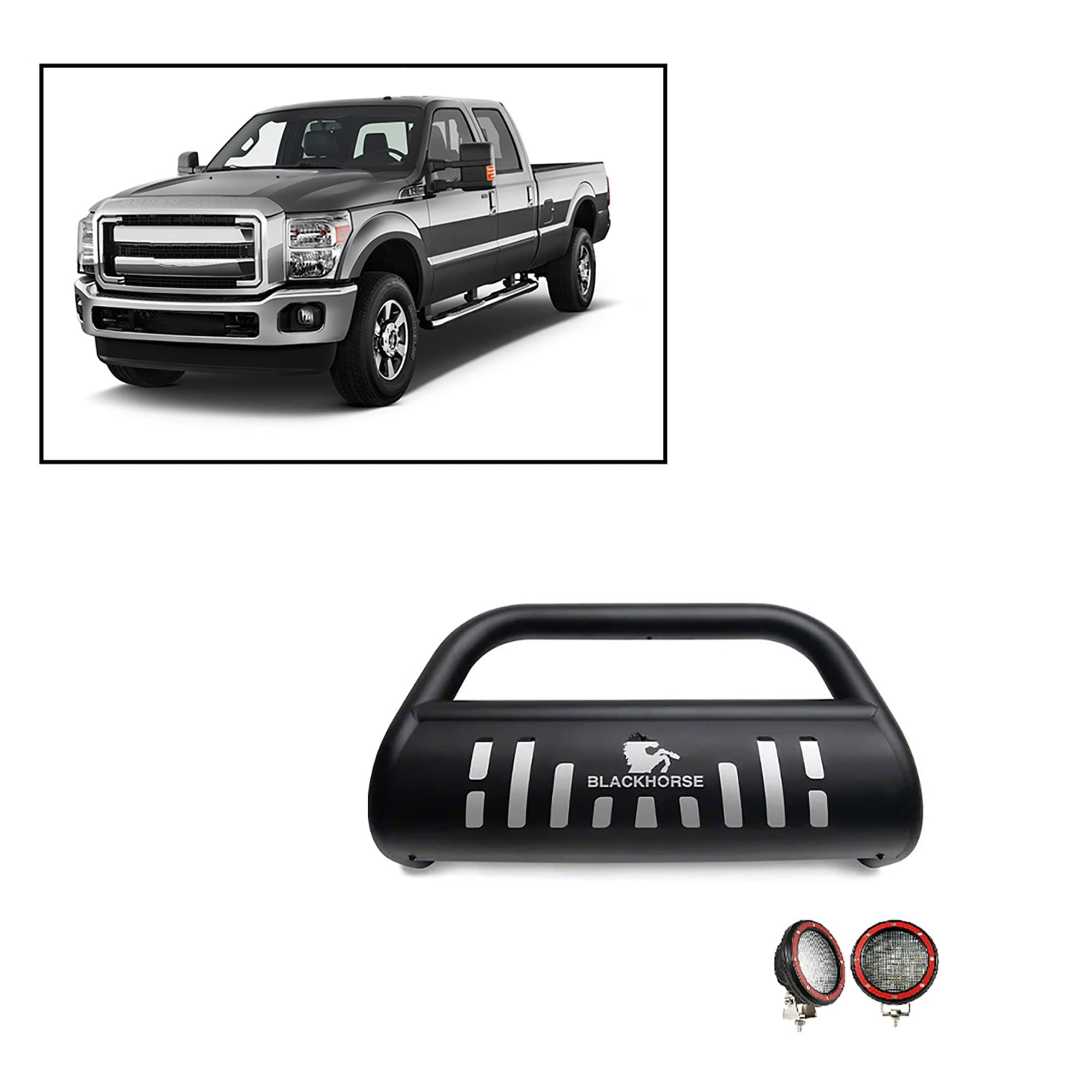 Black Horse Bull Bar Incl. Pair of 5.3" Dia.LED Lights w/Red Trim Rings ...