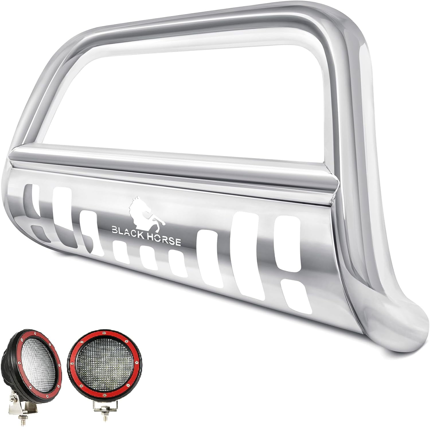 Black Horse Bull Bar Incl. pair of 5.3"Dia.LED Lights w/Red Trim Rings ...