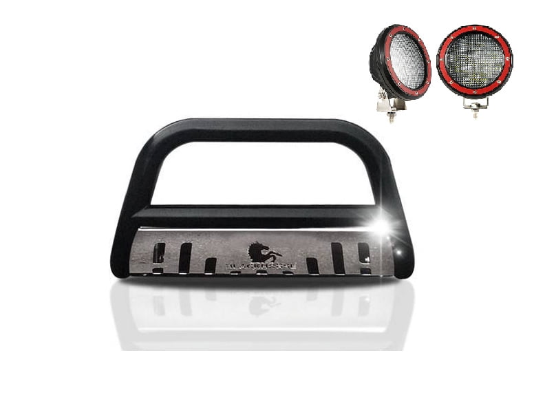 Black Horse Bull Bar Skid Plate Black Come With Pair of 5.3" Dia. LED ...