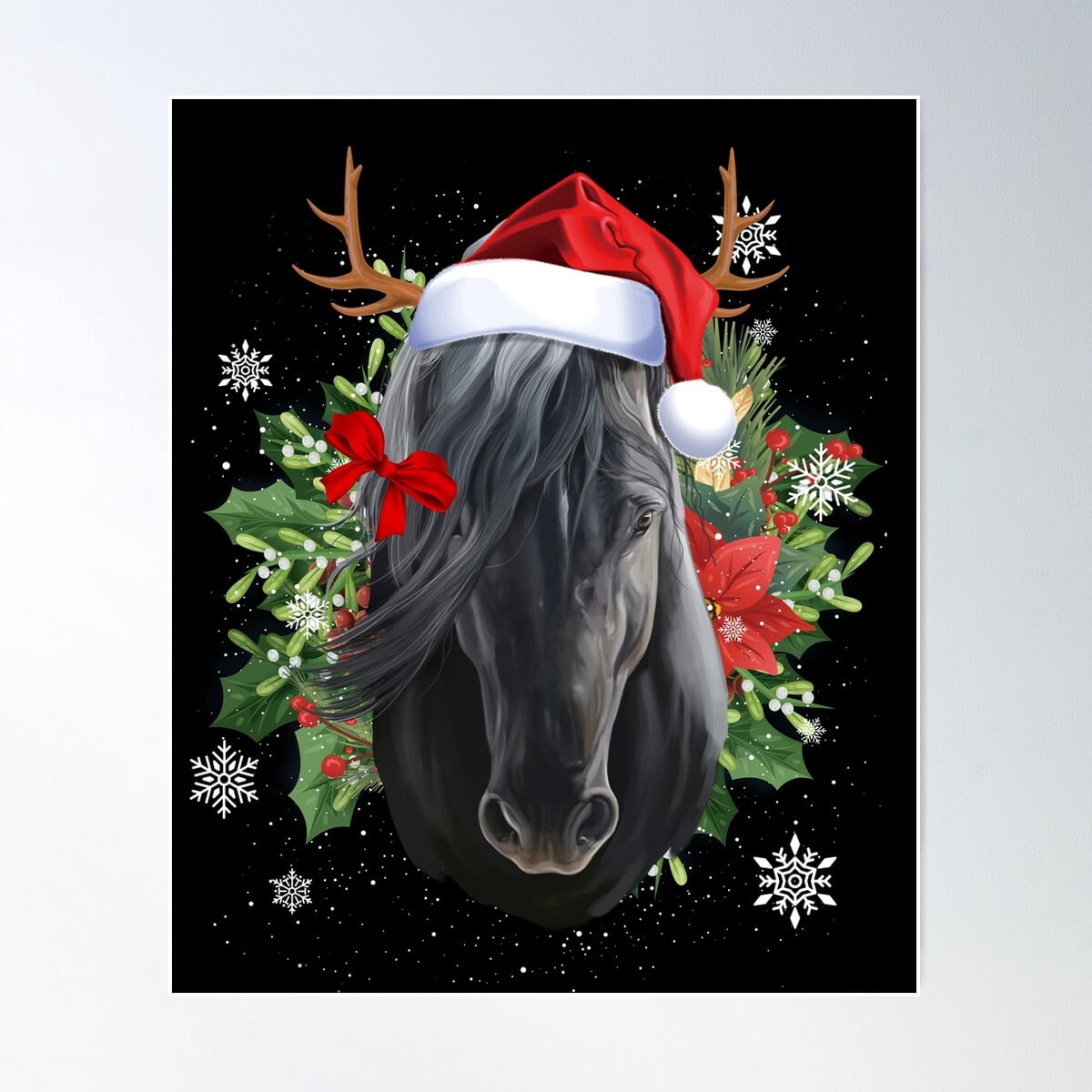 Black Horse Emo Flowers Christmas Santa Hat Poster Wall Art, Modern ...