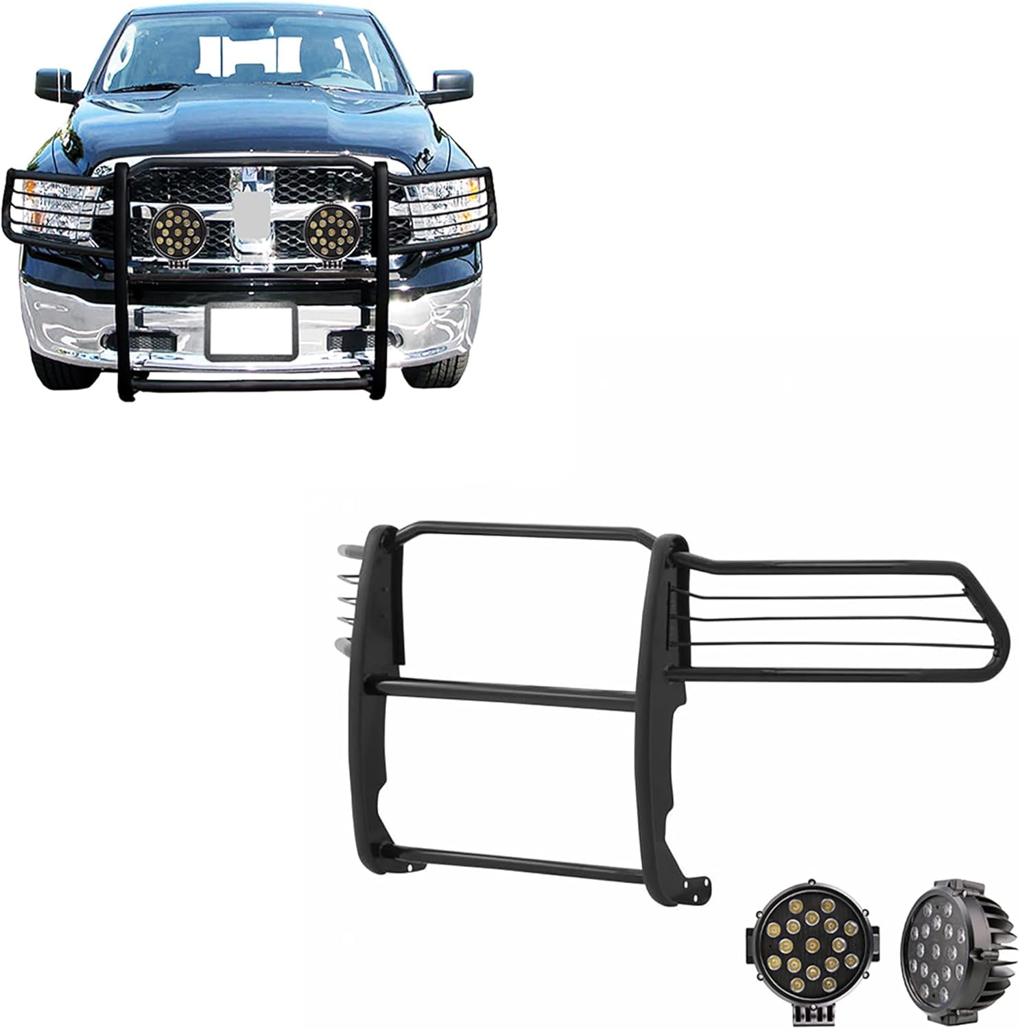 Black Horse Grille brush Bumper Guard Modular Black Come With pair of 7.0"Dia.LED Lights with ...