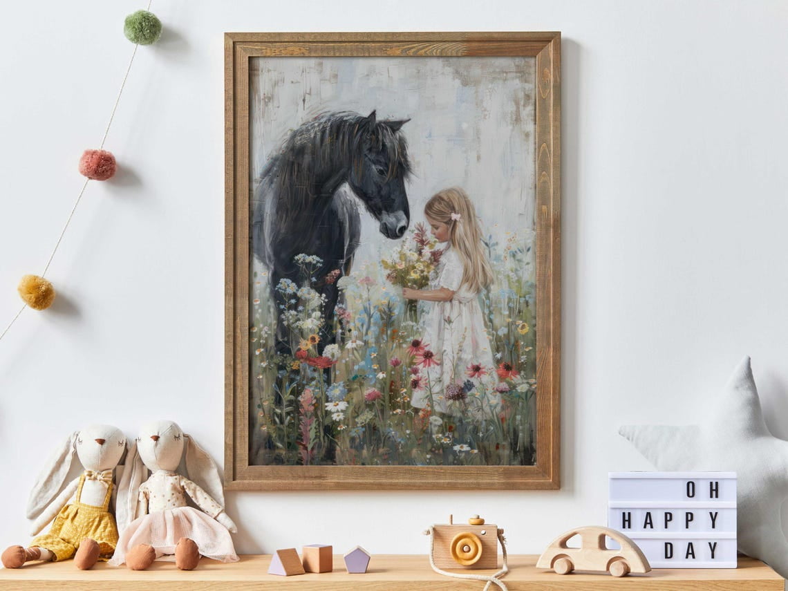 Black Horse Print, Horse Nursery Decor, Little Girl & Horse Print ...