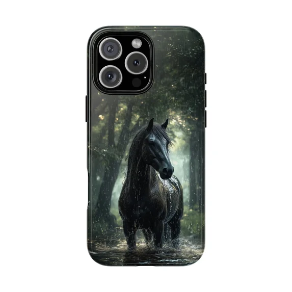 Black Horse Rain Scene Art Phone Case for iPhone Case 17 to 11 Pro Max ...