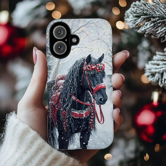 Black Horse Red Harness Winter Forest Holiday Phone Case 17 16 15 14 13 ...
