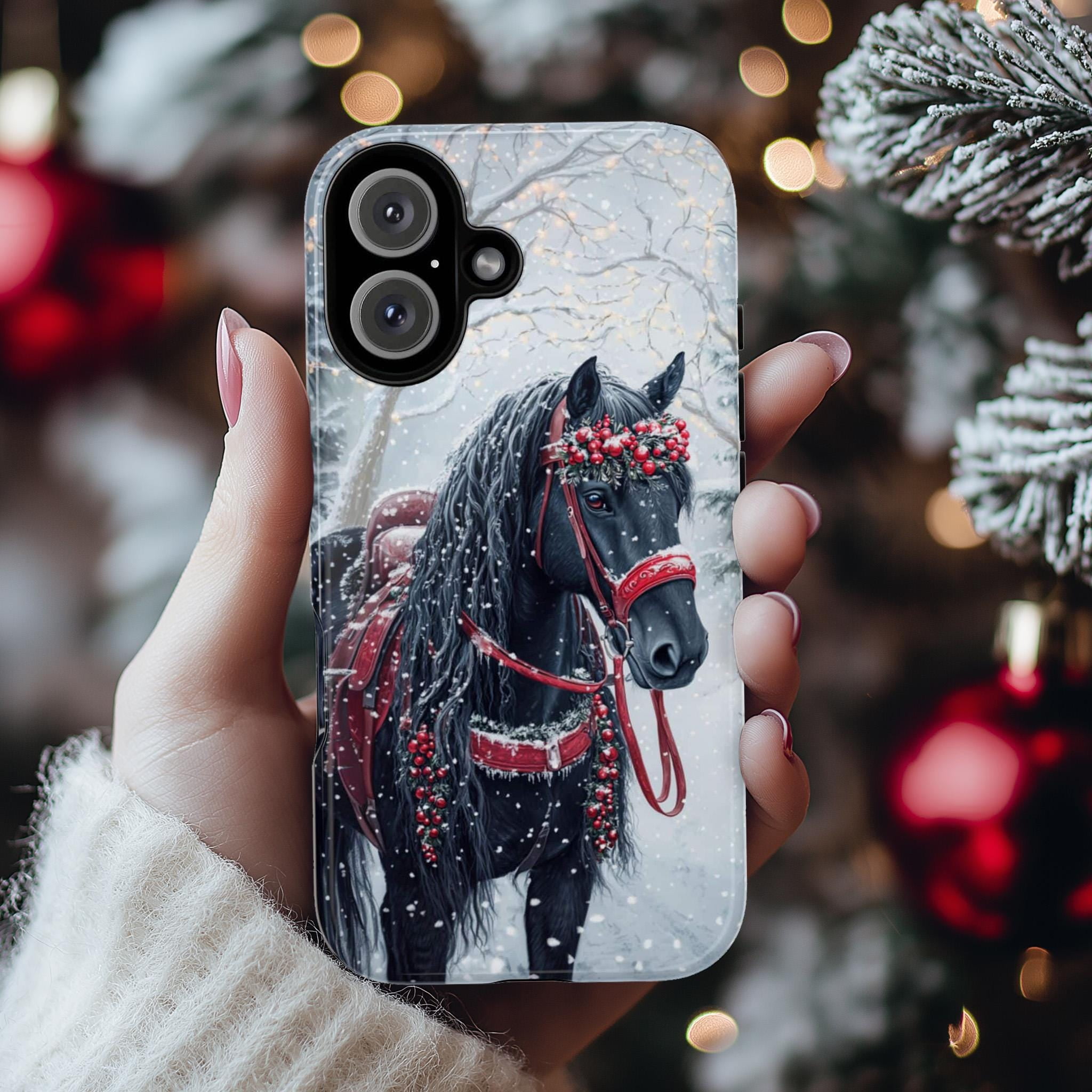 Black Horse Winter Forest Phone Case Festive Red Harness with iPhone 17 ...