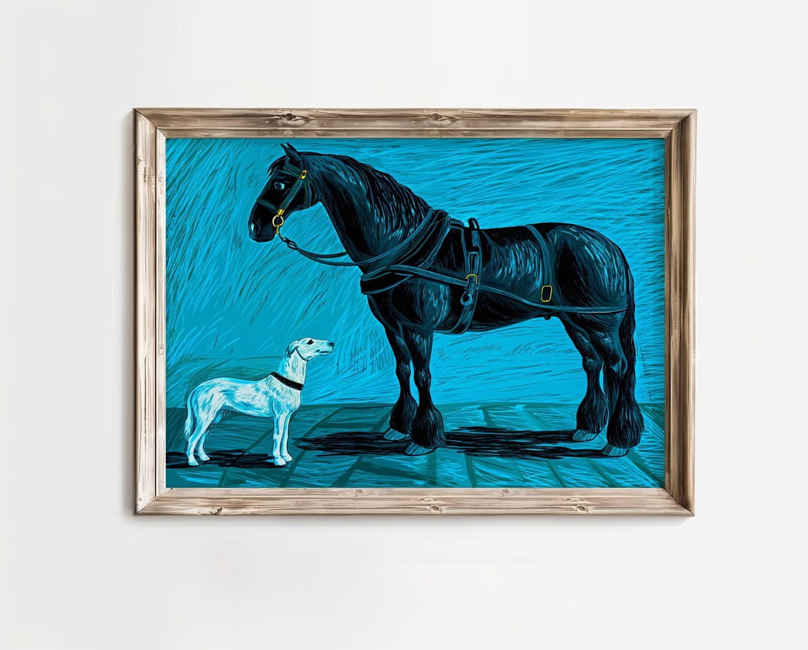 Black Horse and Greyhound Linocut Style Equestrian Art Print Unframed ...