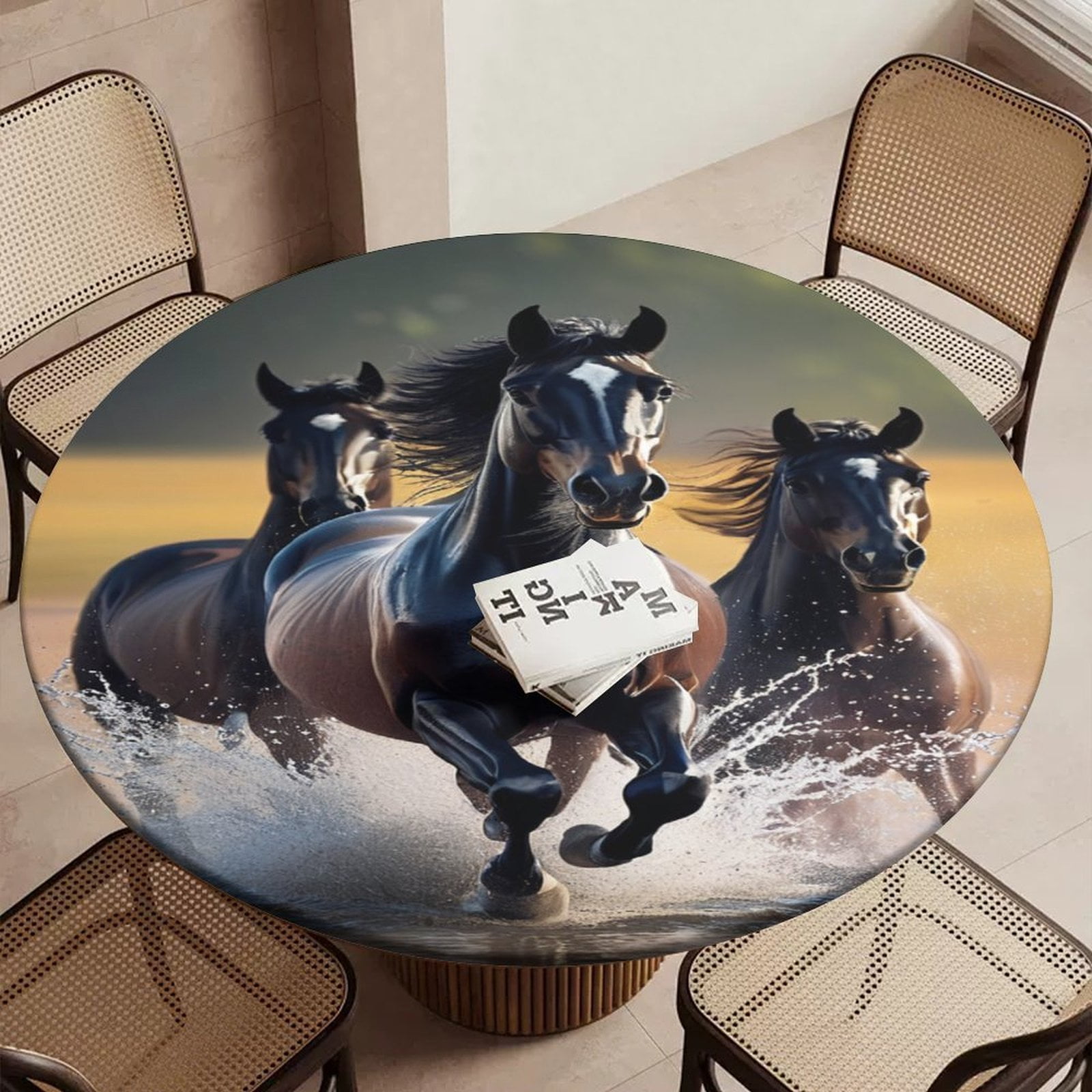 Black Horses Running Round Table Cover Kitchen Printed Waterproof ...