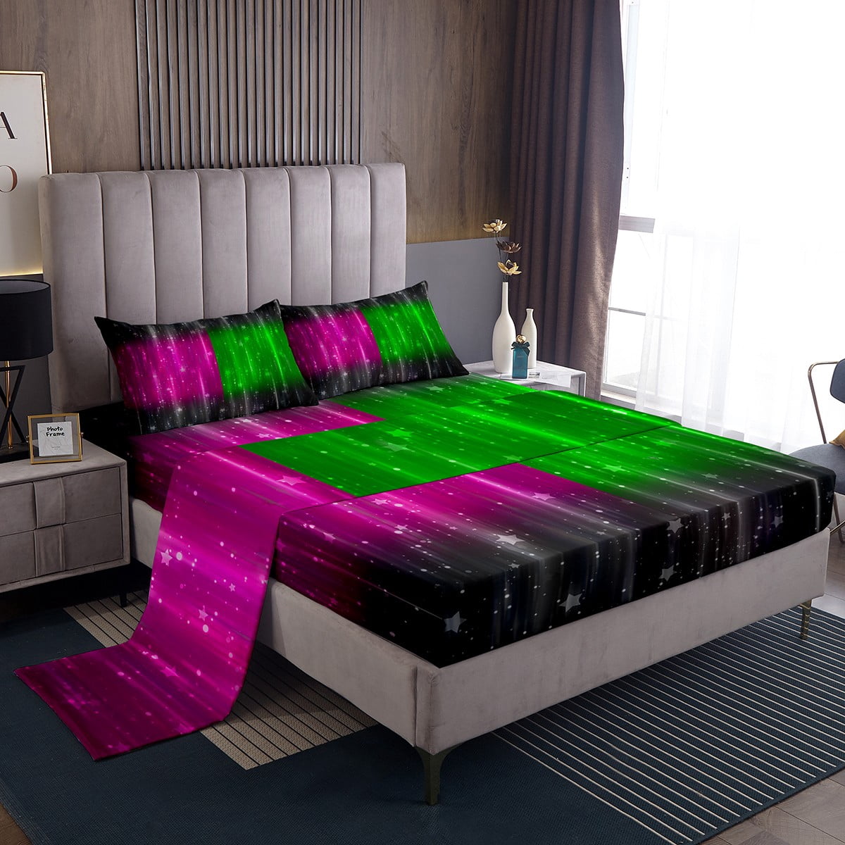 Black and Hot Pink Green Queen Sheets Abstract Glowing Gradient Bed Set ...
