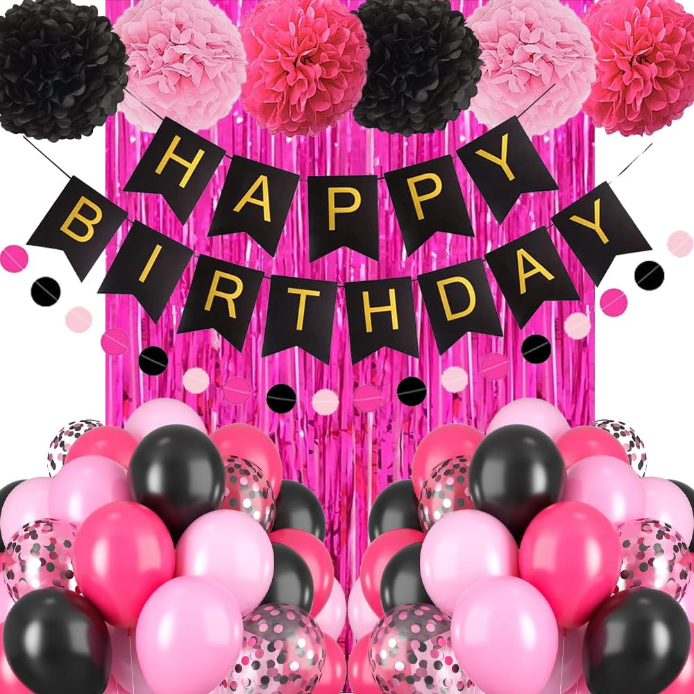 Black and Hot Pink IFF17 Happy Birthday Decorations Girls Women, Hot ...