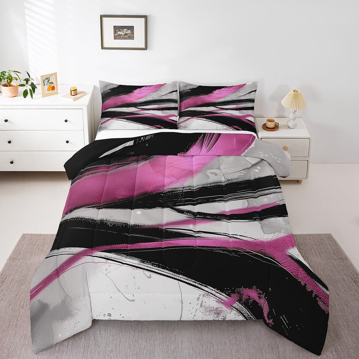 Black and Hot Pink Ombre Comforter Set Queen Grey Gradient Bedding Set ...
